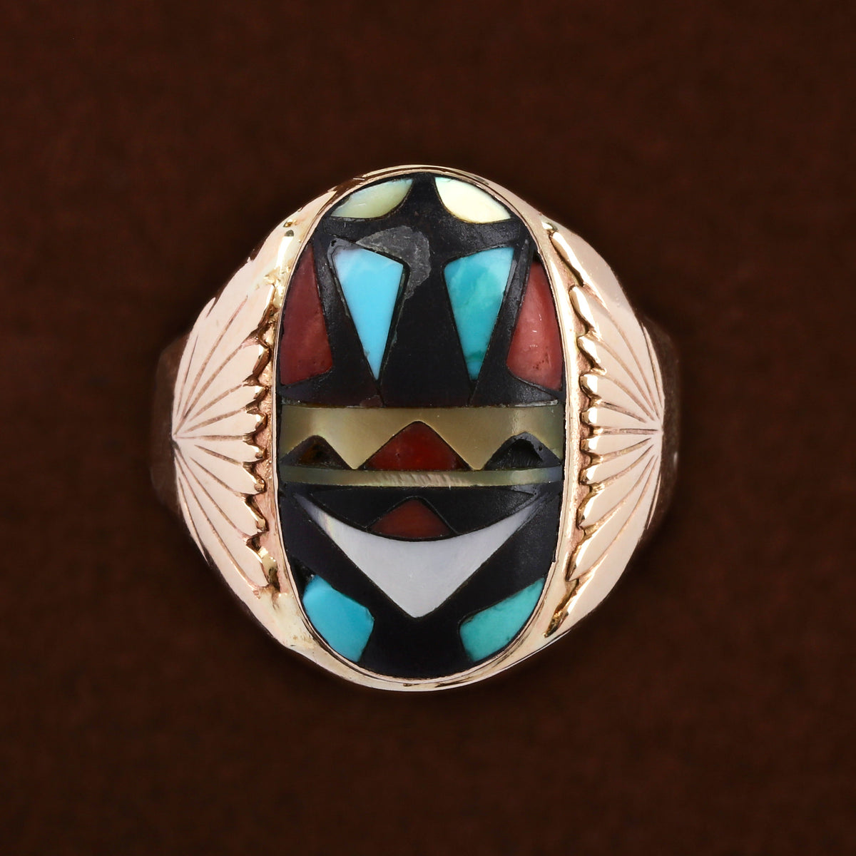 ZUNI INLAY RING 14K YELLOW GOLD WILLIAM AND VIRGINIA QUAM– McTeigue & Co